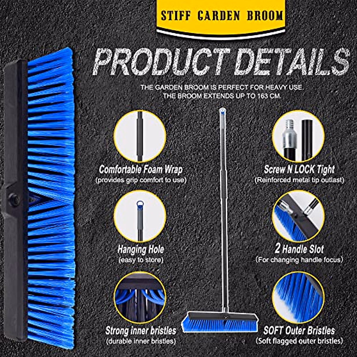 18 Inches Outdoor Push Broom Heavy Duty Shop Broom with 63" Long Handle for Deck Driveway Garage Yard Patio Concrete Floor Cleaning(Blue)