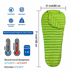 AEGISMAX Camping Sleeping Bag,Warm Weather 52℉- Goose Down Sleeping Bag,Portable Urltra-Light Mummy Sleeping,Outdoor Hiking for Adults Backpacking with Compression Bags(Green,Medium)