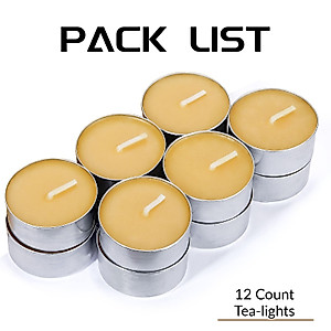 Natural Beeswax Tealight Candles in Metal Aluminum Cup - Organic Small Candle Natural Scent Smokeless 4-5 Hours Long Burning - Yellow, Pack of 12