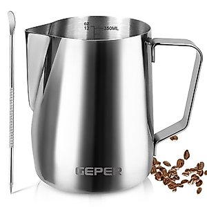 GEPER Milk Frothing Pitcher 350ml/600ml (12oz/20oz) Stainless Steel Milk Frother Cup, Espresso Machine Accessories, Coffee/Cappuccino/Latte Art Barista Steam Pitchers Milk Jug Cup with Art Pen,12oz