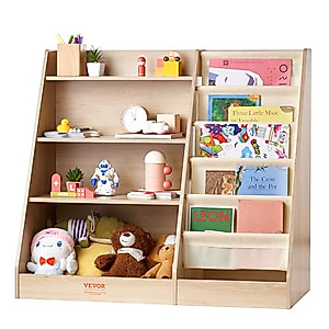 VEVOR Wooden Kids Bookshelf 4-Tier, Toy Storage Organizer for Toddler, Book Shelf for Kids Rooms with 6-Layer Sling Book Rack, Baby Book Storage Shelves for Kids Room, Playroom, Kindergarten, Nursery