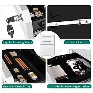 YITAHOME 3-Drawer Filing Cabinet Office Drawers with Lock, Divider and Pencil Tray, Portable Metal File Cabinet, Pre-Built Office Storage Cabinet (White)