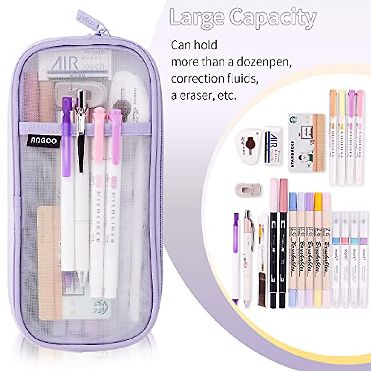 EASTHILL Grid Mesh Pen Pencil Case with Zipper Clear Makeup Color Pouch Cosmetics Bag Multi-Purpose Travel School Teen Girls Transparent Stationary Bag Office Organizer Box for Adluts(Purple)