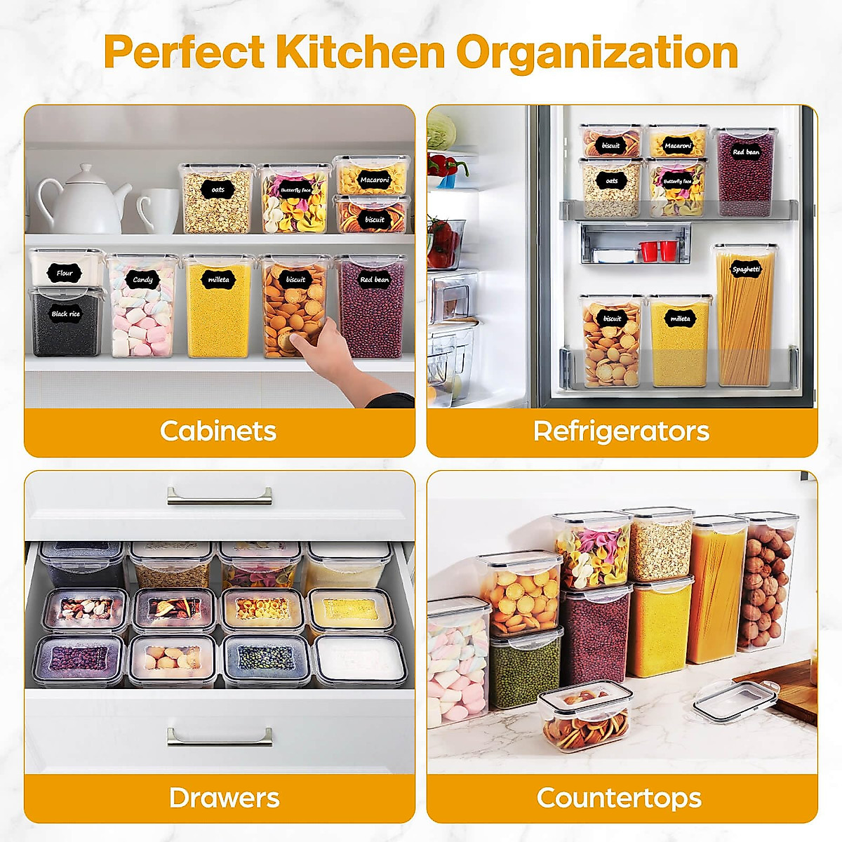 YASHE Airtight Pantry Storage Containers Set of 16, BPA Free Plastic Food Storage for Cereal, Pasta and Snacks, Stackable Kitchen Organizer with Labels, Marker & Measuring Cups