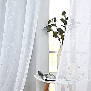 Enactex 4 Piece Curtains Set Mix and Match Geometric Silver Print Sheer & Velvet Room Darkening Blackout Drapes, 52''x 95'' Grommet Window Treatment for Bedroom Living Room, Greyish White