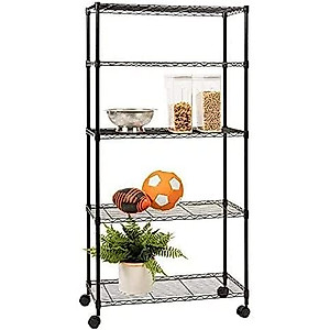 Heavy Duty 5-Tier Shelving Unit Commercial Grade Adjustable 900Lbs Capacity Steel Storage Rack 30L x 14D x 60H Mobile Shelves Wire Shelf Silver Rolling Utility Cart for Pantry Garage Kitchen- Black