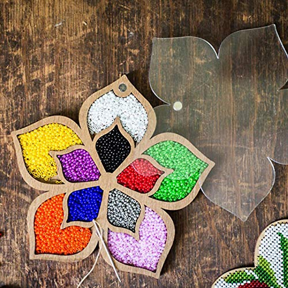 Lonjew Wood Bead Organizer Tray with Lid Supply Storage Jewelry Making Gift, Bead Container, Needle Magnet, Beadwork Accessory, Small Clear Cover, Beads Wood Flower Storage