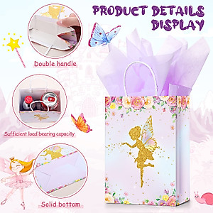 16 Pieces Floral Fairy Gift Bags with Tissue Paper Pink and Purple Floral Fairy Goodie Gift Treat Bags Spring Themed Bags Butterfly Baby Girl Paper Bags for Girl Kid Birthday Baby Shower Party