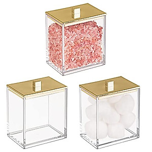 mDesign Plastic Rectangle Apothecary Canister - Organizer for Bathroom Vanity Countertop Shelf Decor - Holds Cotton Swabs, Soap, Makeup, Bath Salts - Lumiere Collection - 3 Pack - Clear/Soft Brass