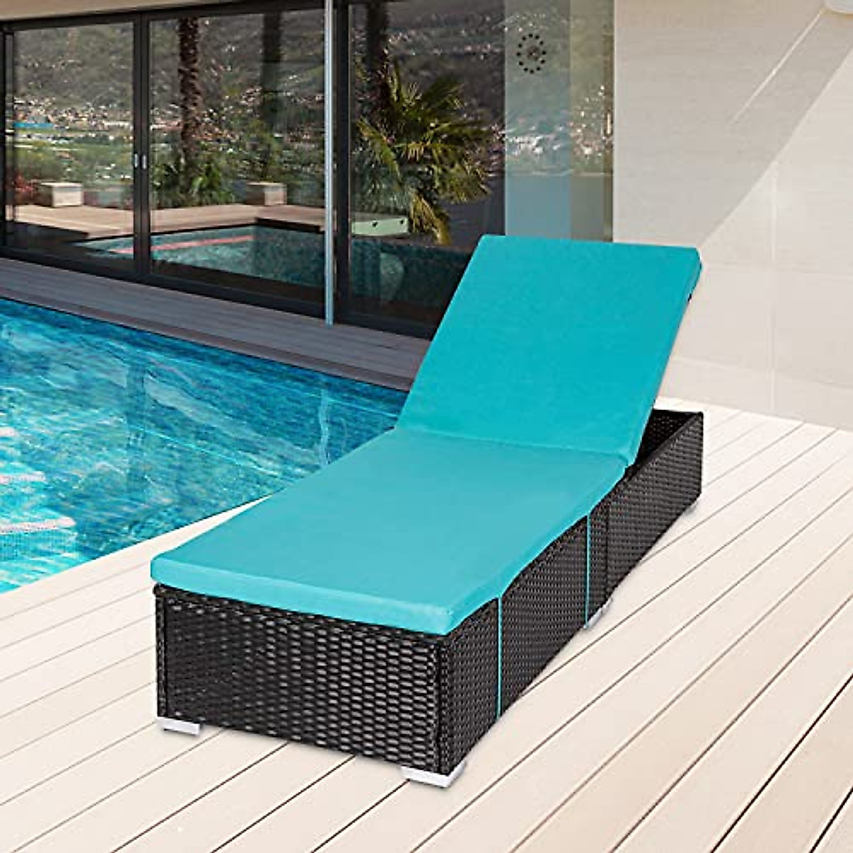 JSUN7 Outdoor PE Wicker Lounge Chair - Rattan Chaise Lounger with Blue Cushion and Adjustable Backrest Recliner