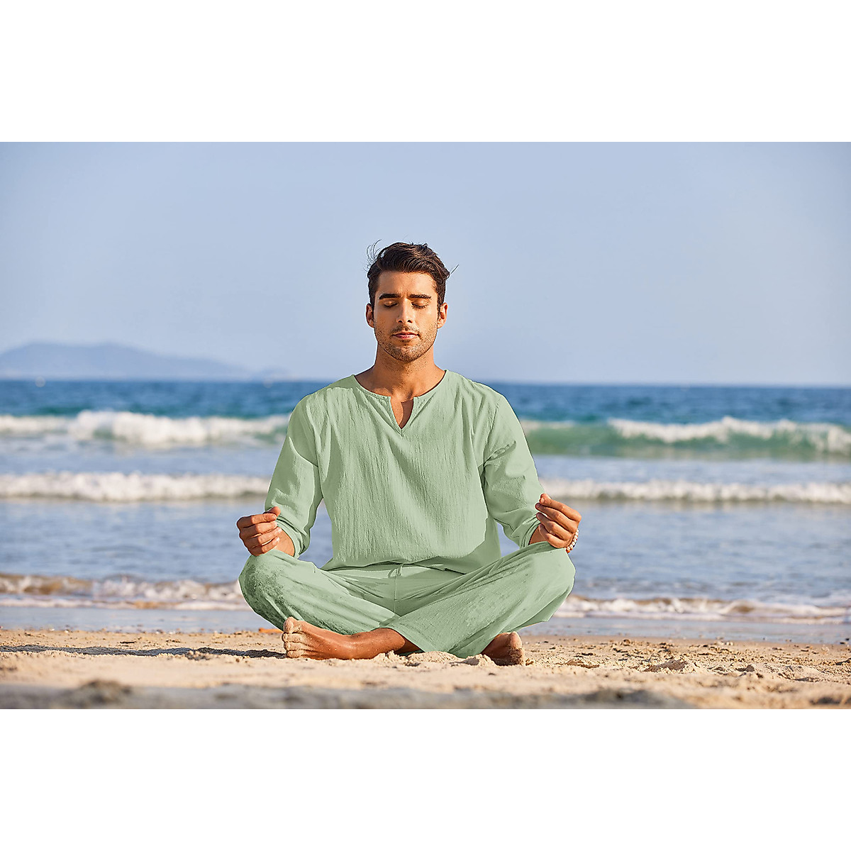 COOFANDY Men's 2 Pieces Cotton Linen Set Henley Shirt Long Sleeve and Casual Beach Pants Summer Yoga Outfits