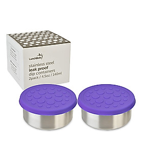 LunchBots 4.5 oz Leak Proof Snack and Side Dish Containers - Spill Proof in Bags and Bento Boxes - Food-Grade Stainless Steel With Silicone Lids - Set of 2 (Purple)