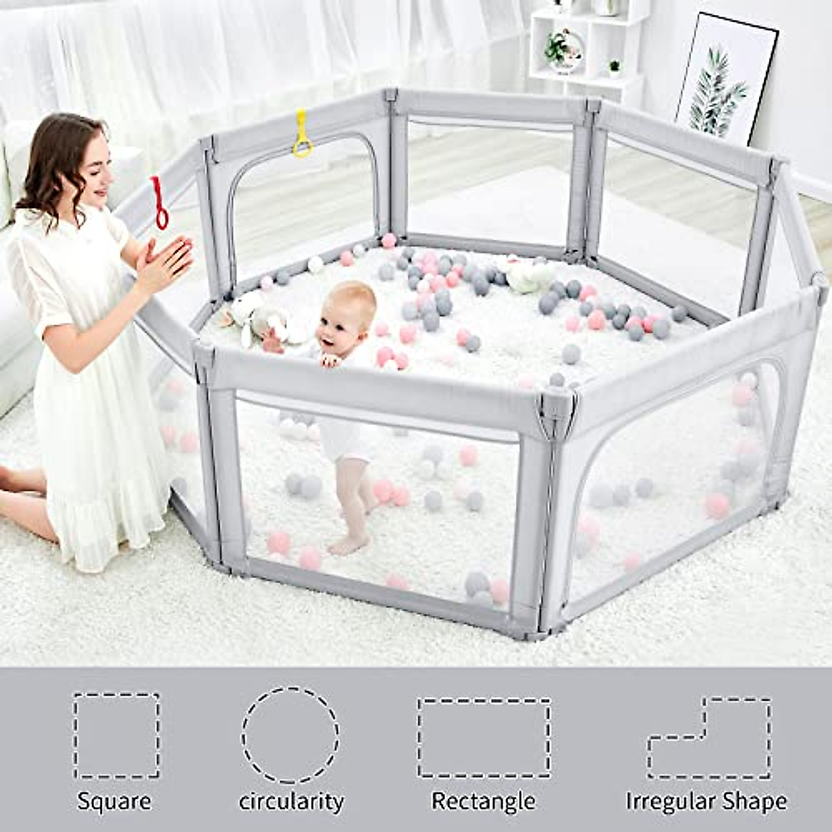 Adjustable Baby Playpen 71''x59'' Play Pens for Babies and Toddlers Foldable Baby Playards with Gate Large Baby Fence Play Area, Light Grey