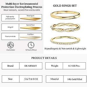 DEARMAY Stackable Gold Ring Set for Women, Dainty 14K Real Gold Ring Jewelry Diamond Trendy Twisted Fashion Thin Cubic Zirconia Simple Non Tarnish Thumb Unique Statement Rings Pack Size 5/6/7/8/9/10,