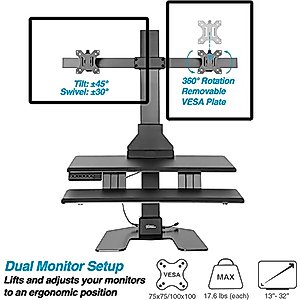 AVLT Dual 32" Monitor Electric Standing Desk Converter with Huge Keyboard Tray Extra Large 28"x 16" Spacious Tabletop Motorized Automatic Height Adjustable Sit to Stand Table Sturdy Small Footprint
