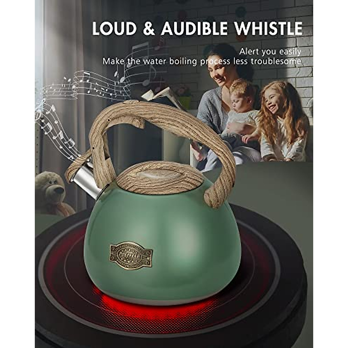POLIVIAR Tea Kettle, 2.7 Quart Stovetop Tea Kettle, Audible Whistling Teapot, Food Grade Stainless Steel for Anti-Rust, Anti Hot Handle, Suitable for All Heat Sources (JX2022-MN30)