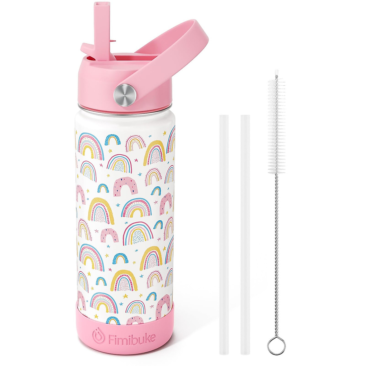 Fimibuke Kids Insulated Water Bottle, 18oz BPA FREE 18/8 Stainless Steel Kids Cup with Straw Travel Tumbler Double Wall Vacuum Leak Proof Toddler Water Bottle for School Boys Girls(1 Pack, Rainbow)