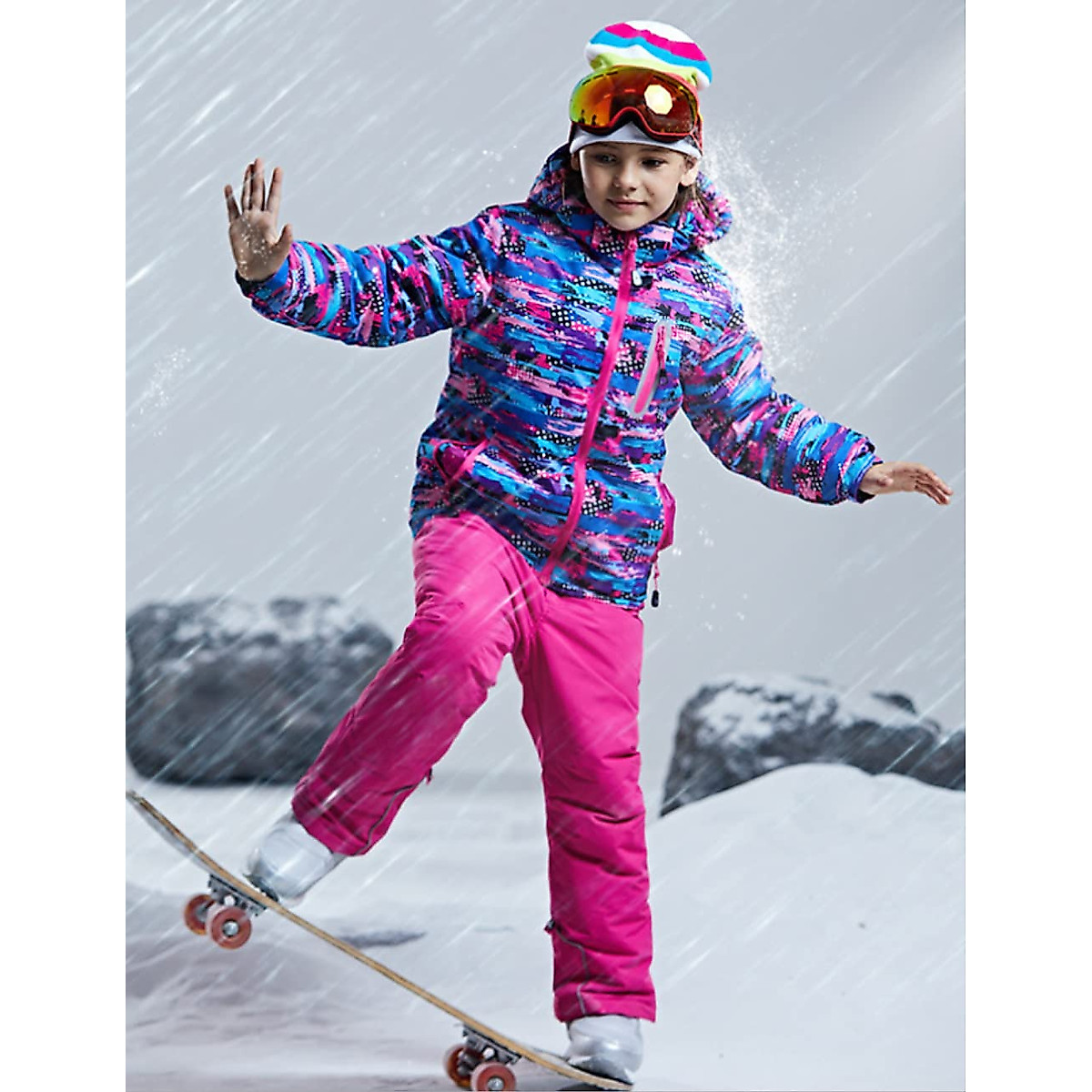 WOWULOVELY Girls Thicken Warm Snowsuit Hooded Ski Jacket Pants 2 Pcs Set Skiing Jacket with Pants(23 Rose1,Size 8)
