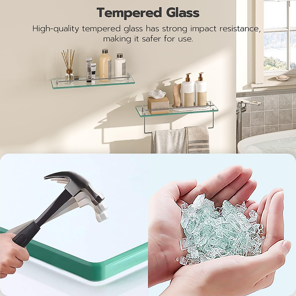 HOOBRO Glass Shelves for Bathroom, 15.7 Inch Floating Glass Shelves for Wall, Set of 2 Tempered Glass Shelf Stainless Steel Floating Shelves for Bathroom, Toilet, Room Decor, Silver SV02BJ01