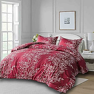 NANKO Burgundy Red Queen Duvet Cover Set White Floral Tree Branch Pattern Christmas 3pc Size 90x90 Microfiber Comforter Quilt Bedding Cover with Zip Ties - Modern Farmhouse for Men and Women Teen Girl
