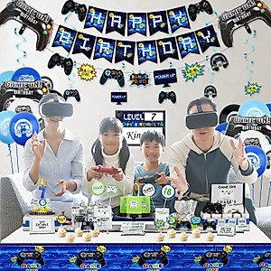 Video Game Party Decorations - 7th Birthday Decorations for Boys, HAPPY BIRTHDAY Banner, Video Game Balloons, Number 7 Blue Balloons, Gaming Hanging Swirls, Game On Birthday Party Supplies