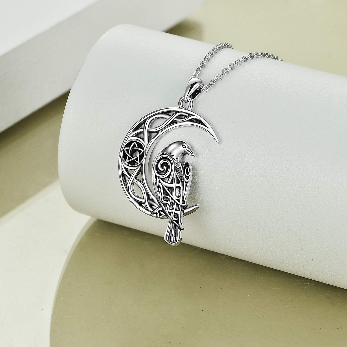 ONEFINITY Raven Necklace Sterling Silver Viking Celtic Crow Raven Pendant Crescent Moon Pentagram Amulet Wiccan Jewelry Christmas Gifts for Women Men