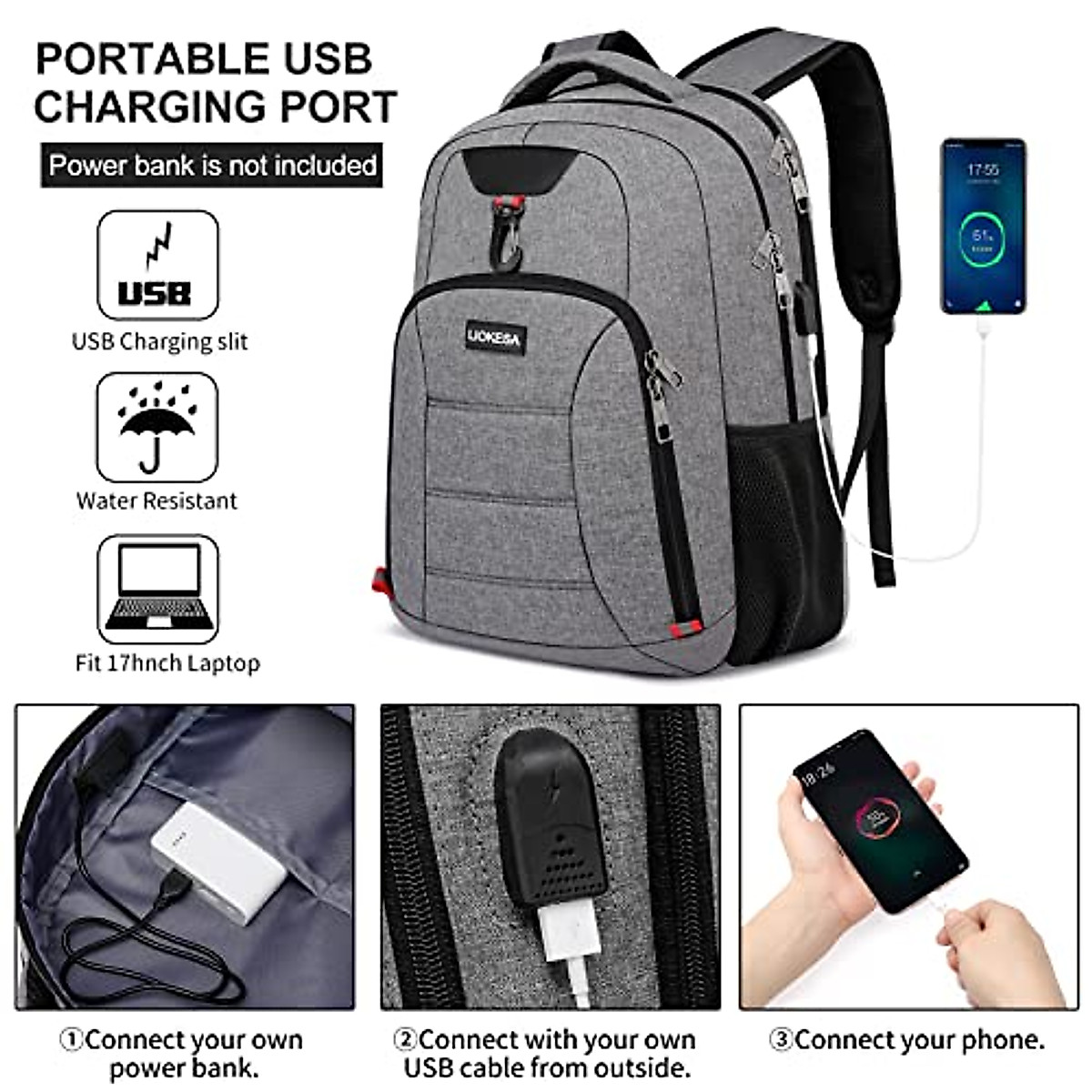 Liokesa Laptop Backpack for Men, School Backpack for Teen Boys with USB Charging Port, Travel Water Resistant Students Book Bags, Large College Work Back Pack Fit 15.6 Inch Laptop, Grey