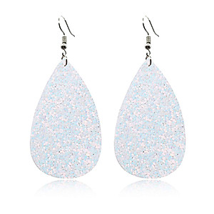 GIMEFIVE 4 Pairs Leather Teardrop Glitter Sequins Earring Lightweight Leaf Drop Bohemian Hollow Earrings For Women (Red+Gold+Silver+White)