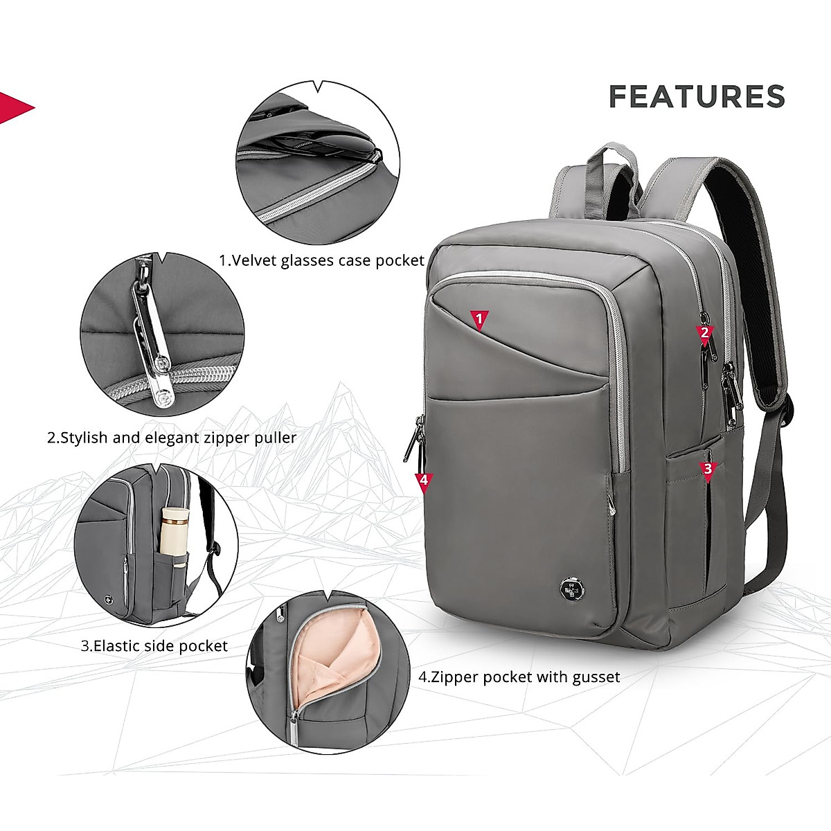 Swissdigital Design Laptop Backpack For Women，College Bookbags With USB Charging Port，Large Capacity Computer Backpacks For Work Business Grey(Katy Rose SD1006F-02)