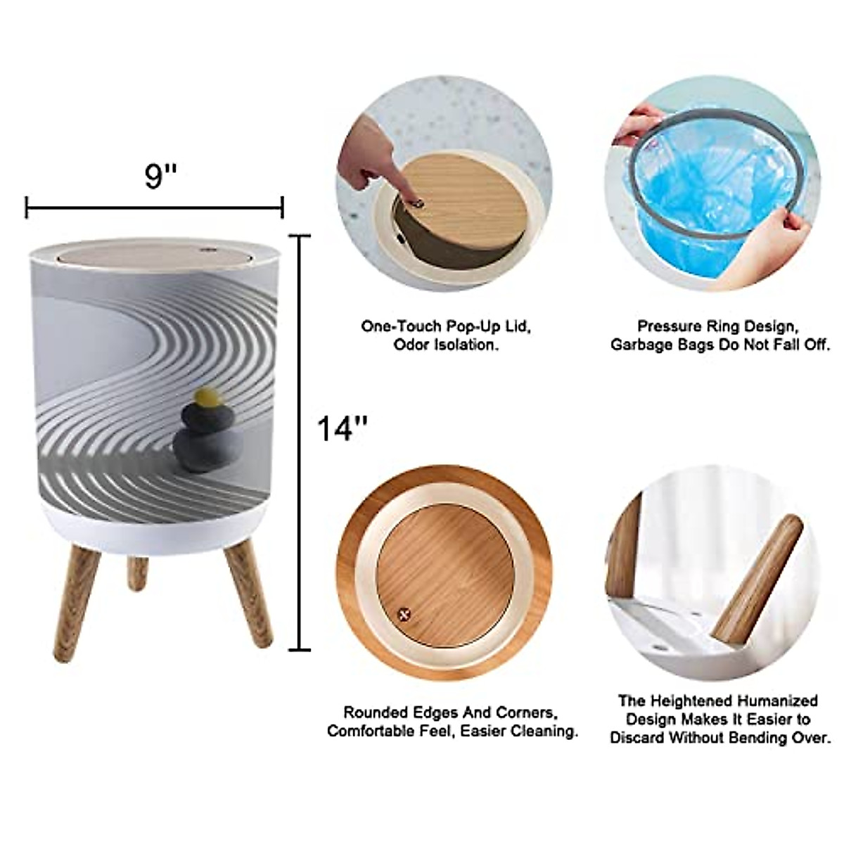 CAKOJV188 Round Trash Can with Press Lid Japan Garden Small Garbage Can Trash Bin Dog-Proof Trash Can Wooden Legs Waste Bin Wastebasket 7L/1.8 Gallon