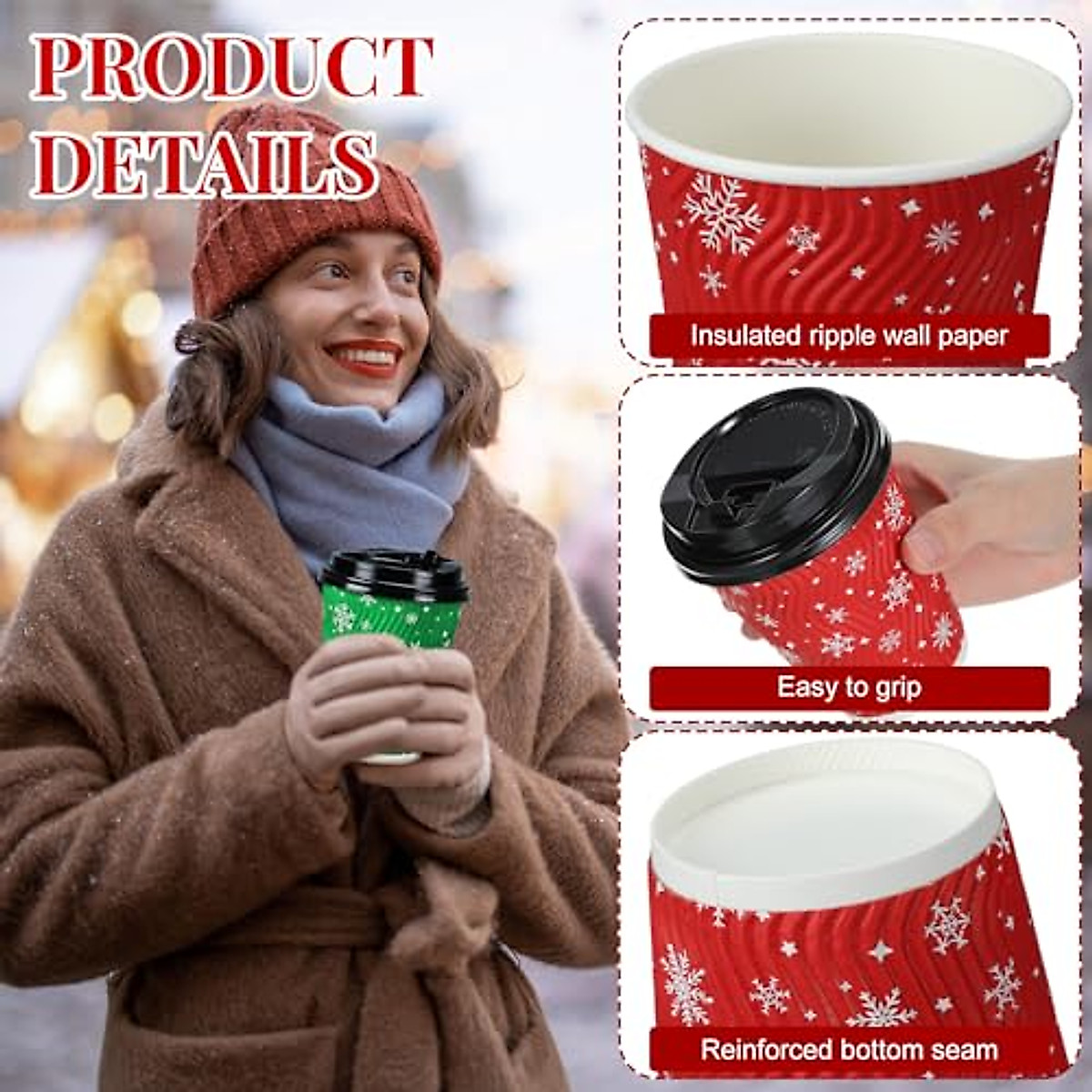 Ziliny 200 Pcs Christmas Coffee Cups with Lids 12 oz Hot Drink Cups Xmas Snowflake Paper Cups Disposable Large Hot Beverage Cups for Water Tea Office Home Drink Travel(Red, Green)
