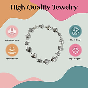 FashionJunkie4Life Sterling Silver Beach Bracelet, 7.5" Length, Sand Dollar Starfish Seashell Pattern
