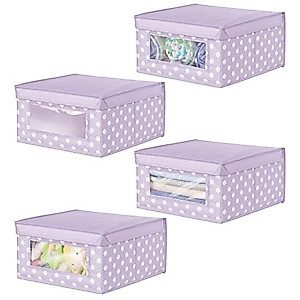 mDesign Medium Soft Stackable Fabric Baby Nursery Storage Organizer Holder Bin Box with Front Window and Lid for Child/Kids Bedroom, Playroom, Classroom - 4 Pack, Light Wisteria Purple/White Polka Dot