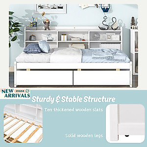 Twin Bed with Storage Bookcase and Drawers Wood Platform Bed with Sideboard Twin Size Daybed Frame for Youths Teens Boys Girls Kids, White