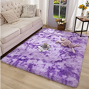 RUGICI Luxury Shag Area Rug, 5x8 Feet, Tie Dyed Purple Plush Fuzzy Rugs for Living Room Bedroom Kids Room Decor, Non-Slip Shaggy Furry Carpets