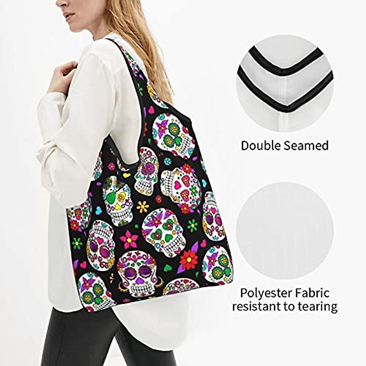 Reusable Shopping Bags Sugar Skull Grocery Tote Bags Washable Foldable Eco Friendly Pouch Bags¡­