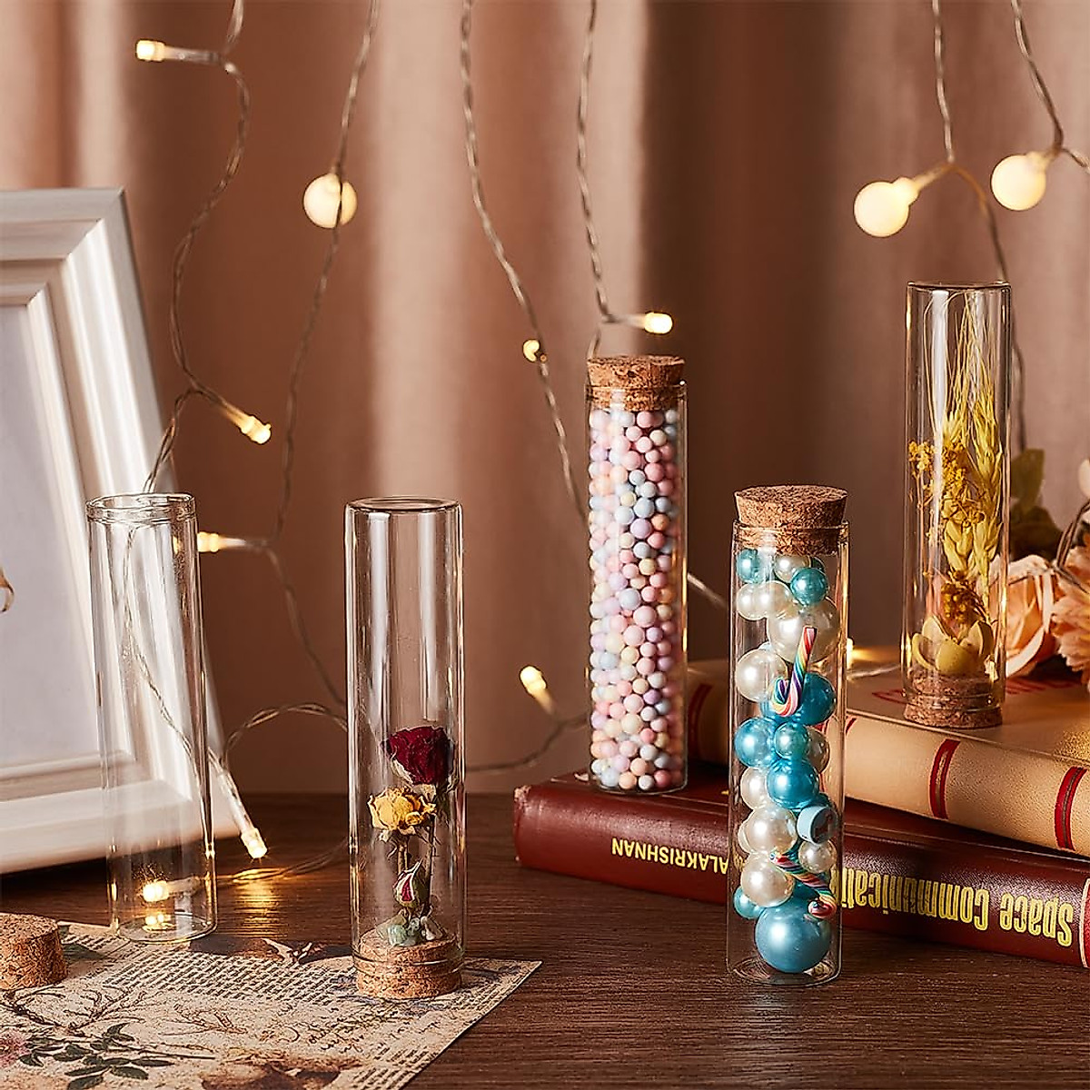 BENECREAT 10 Pack 60ml Glass Test Tube with Cork Stopper Clear Flat Mini Glass Bottles Jars for Wedding Party Favors, Candy, Spices, Beads, Mother's Day Home Decor