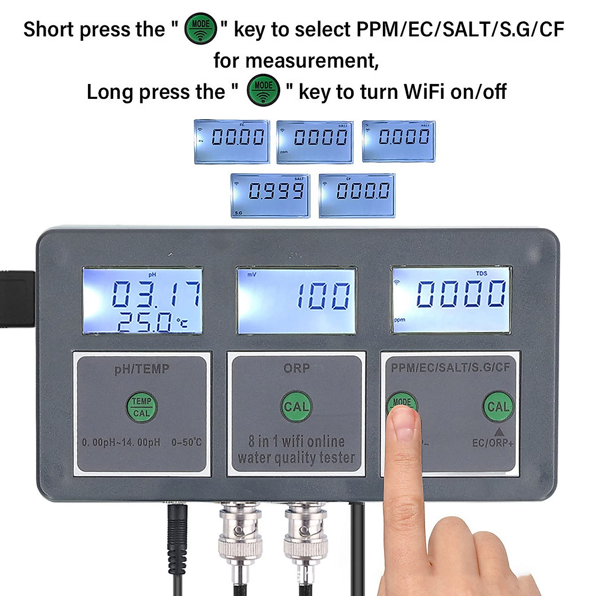 Multi Parameter Water Quality Tester, PH Meter S.G PH EC Salt ORP TDS CF Temp 8 in 1 Rechargeable Online Monitoring for Aquarium