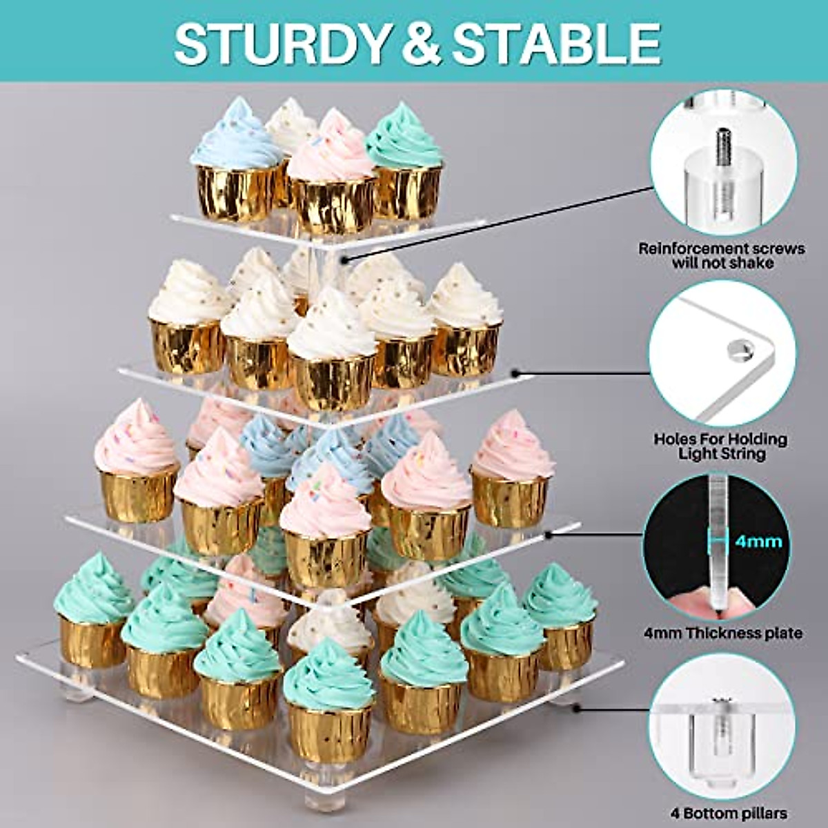 Antimbee 4 Tier Clear Acrylic Cupcake Stand with Gold LED String Lights, Square Tower Cupcake Display Holder