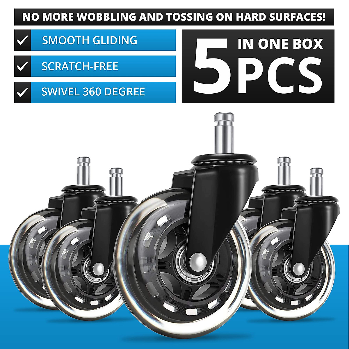 Office Chair Caster Wheels CINEYO Replacement Rubber Chair casters for Hardwood Floors and Carpet, (Set of 5) Heavy Duty Office Chair casters for Chairs to Replace Office Chair mats Universal fit