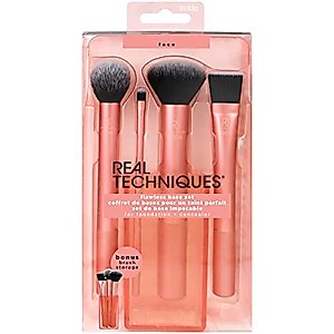 Real Techniques Flawless Base Brush Set With Ultra Plush Custom Cut Synthetic Bristles and Extended Aluminum Ferrules to Build Coverage for Every Makeup Application Need, Orange, 5 Piece