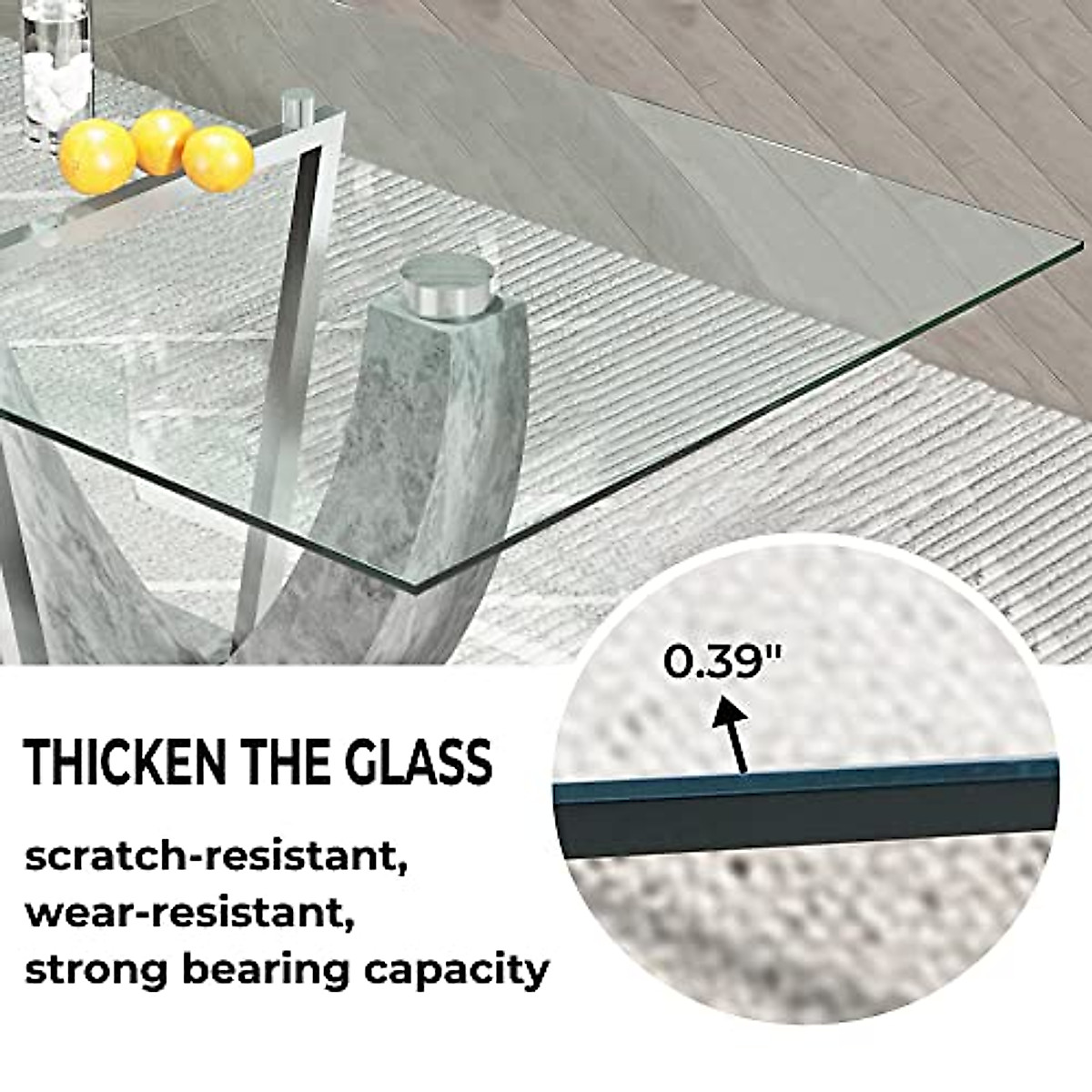 JUFU 67" Glass Dining Room Table Set for 6,Big Modern Rectangular Tempered Glass Dining Table Top Thick 0.39",7 Piece Dining Table with 6 Pcs Leather Dining Chairs