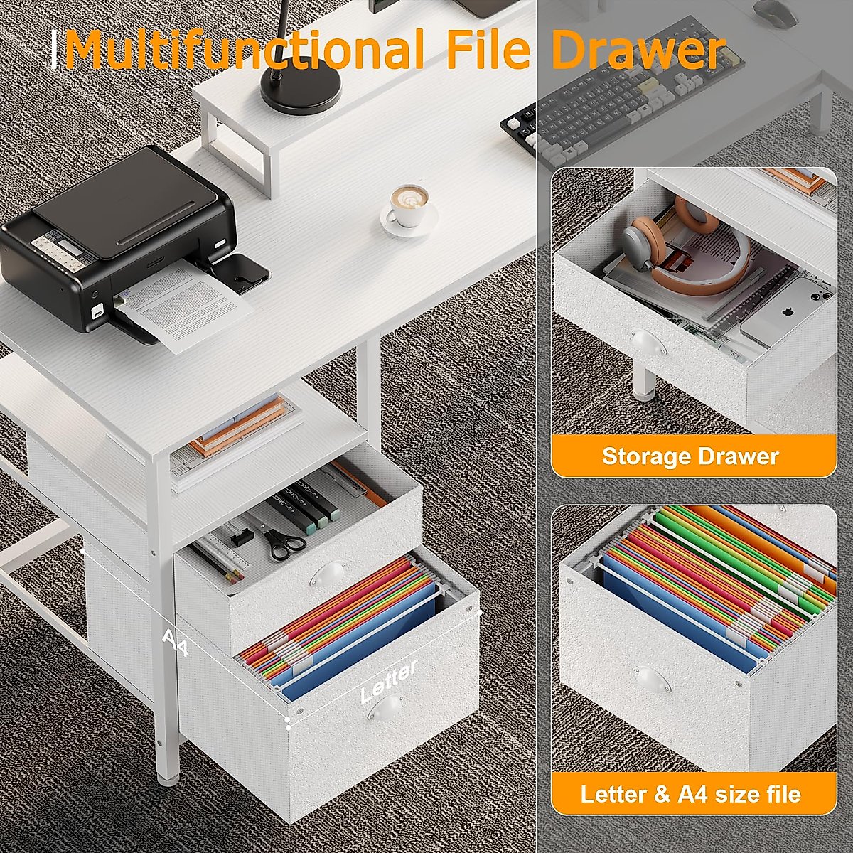 Furologee White 66” L Shaped Desk with Power Outlet, Reversible Computer Desk with File Drawer & 2 Monitor Stands, Home Office Desk with Storage Shelves, Corner Desk for Gaming Writing