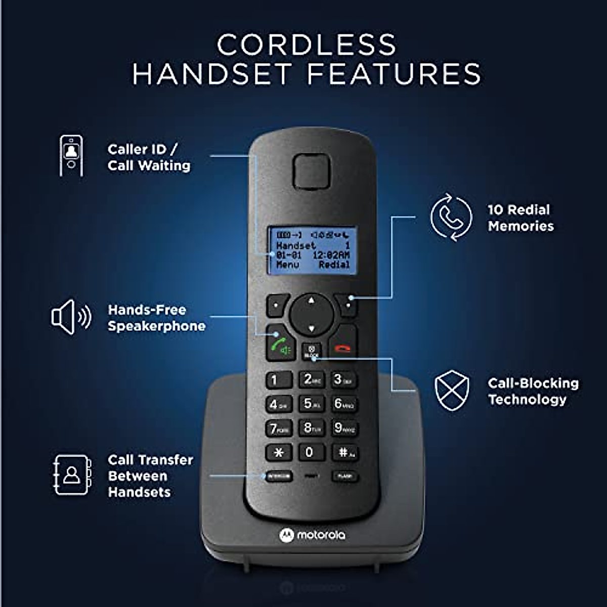 Motorola Voice C42 Corded Phone System + 3 Digital Cordless Handsets w/Answering Machine, Call Block - Black (C4203)