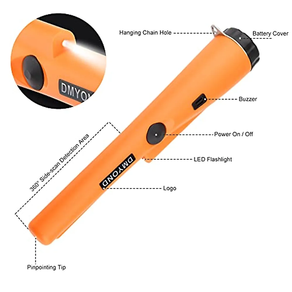 Metal Detector Pinpointer, Professional Waterproof Handheld Pin Pointer Wand, Search Treasure Pinpointing Finder Probe with 9V Battery and LED for Adults, Kids - Orange