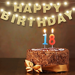 Happy Birthday Letters Banner Gold Happy Birthday Garland Decoration and 9.8 Feet Copper Wire Lights Birthday Banner Lights String for Birthday Party Decor Home Office Decor