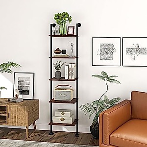 Axeman 5-Tier Ladder Shelf, Tall Narrow Bookcase for Small Spaces, Book Storage Organizer Case for Living Room, Home Office, Study, Industrial Style Black Metal Frame and Rustic Brown Shelf