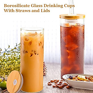 Glass Cups with Lids and Straws, 20 OZ Drinking Glasses with Bamboo Lids, Can Shaped Glass Cups, Reusable Clear Iced Coffee Cups for Smoothie, Juice, Milk, Whiskey, Soda, Tea, Water- 2 Pack