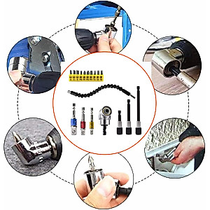 Flexible Drill Bit Extension, Hex Shank 105° Right Angle Drill, 3Pcs Drill Bit Holder Extension, 3Pcs 1/4 3/8 1/2" Universal Socket Adapter, 11.6 inch Screwdriver Soft Shafts, Screwdriver Bit Kit