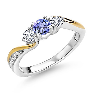 925 Sterling Silver and 10K Yellow Gold Blue Tanzanite and White Lab Grown Diamond 3 Stone Engagement Ring For Women (0.53 Cttw, Gemstone December Birthstone, Available In Size 5, 6, 7, 8, 9)